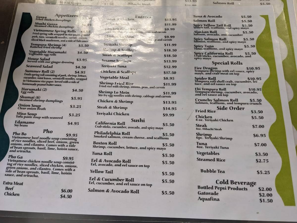 Menu at Musashi Asian Cuisine restaurant, Farmville