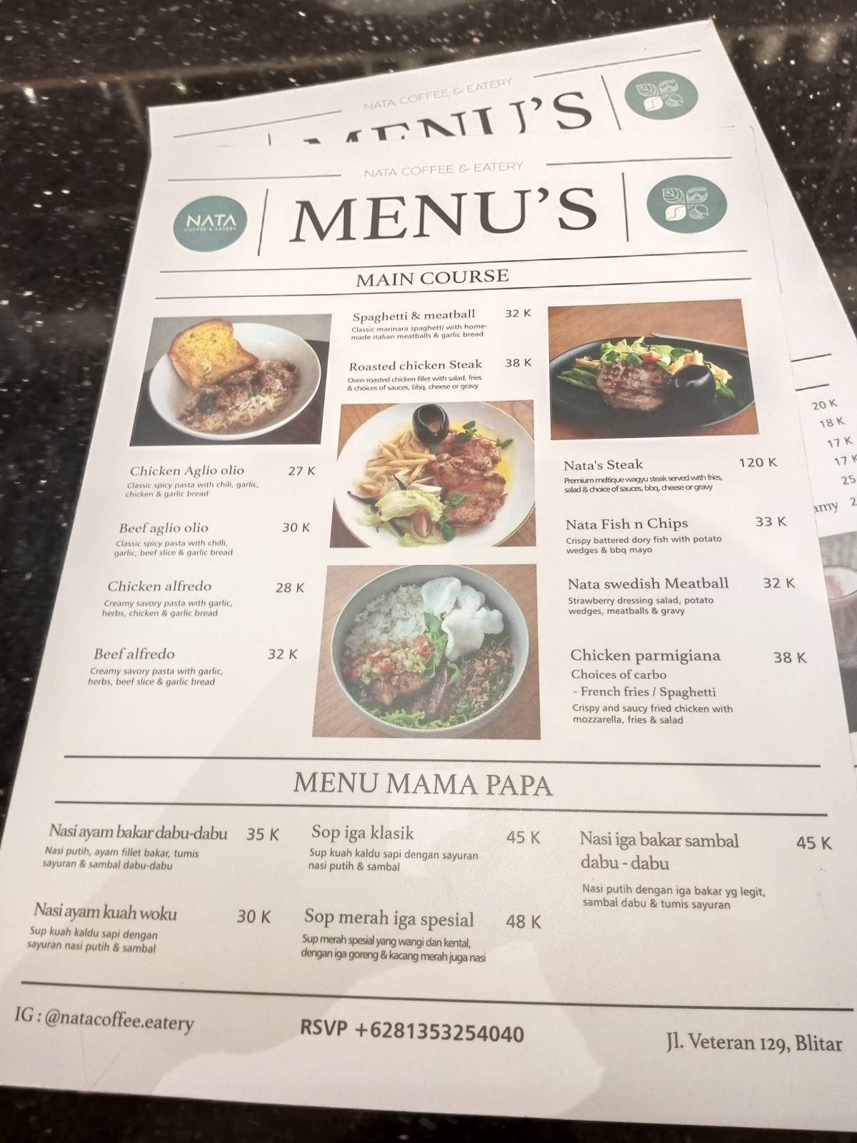 Menu at Nata Coffee and Eatery restaurant, Blitar