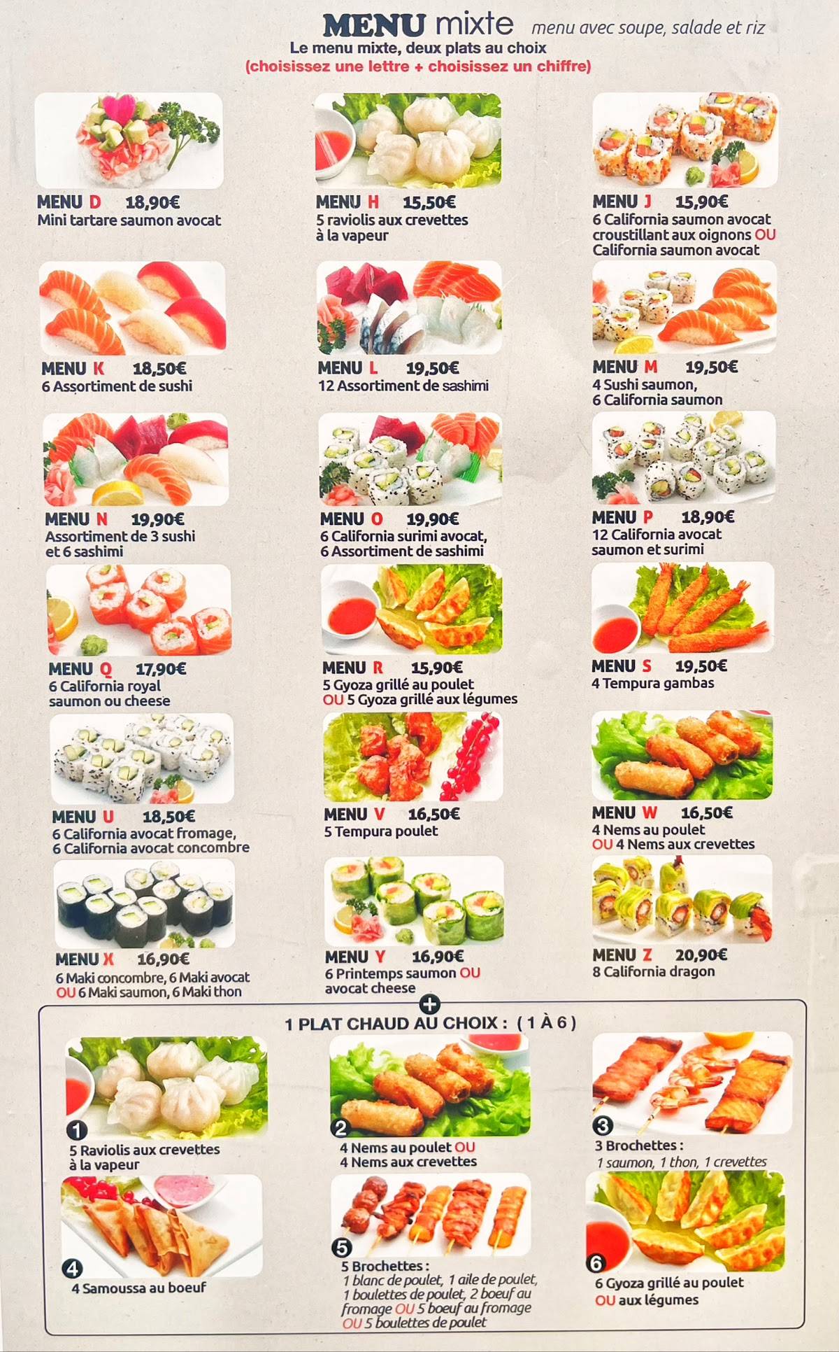 Carta de New Tokyo Restaurant, Tremblay-en-France