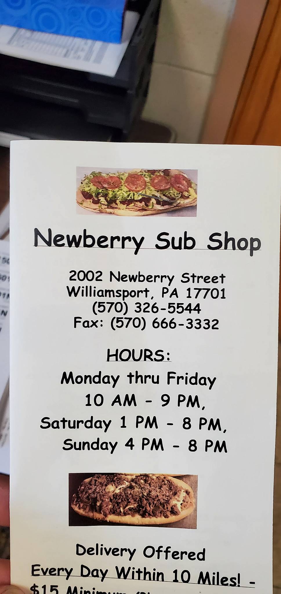 Menu at Newberry Sub Shop restaurant, Williamsport