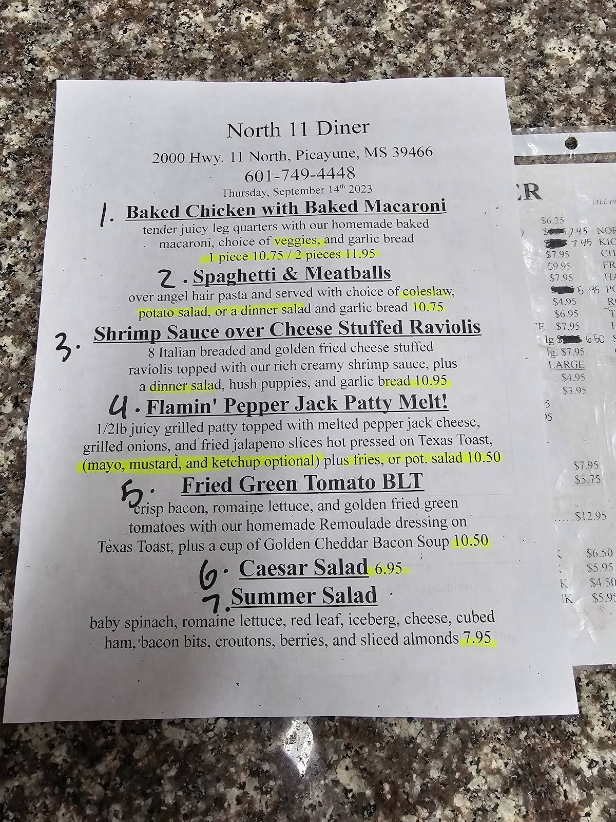 Menu at North 11 Diner restaurant, Picayune