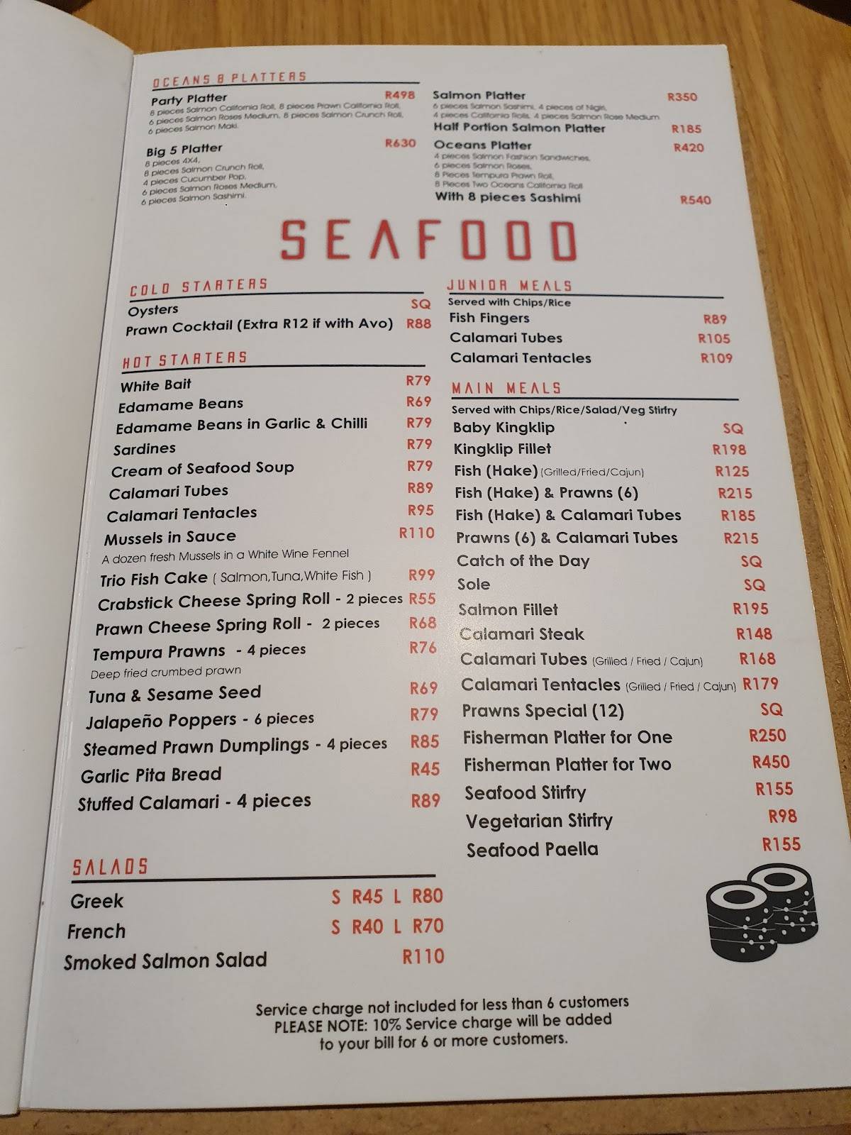 Menu at Oceans 8 Seafood & Sushi Somerset West restaurant, Cape Town