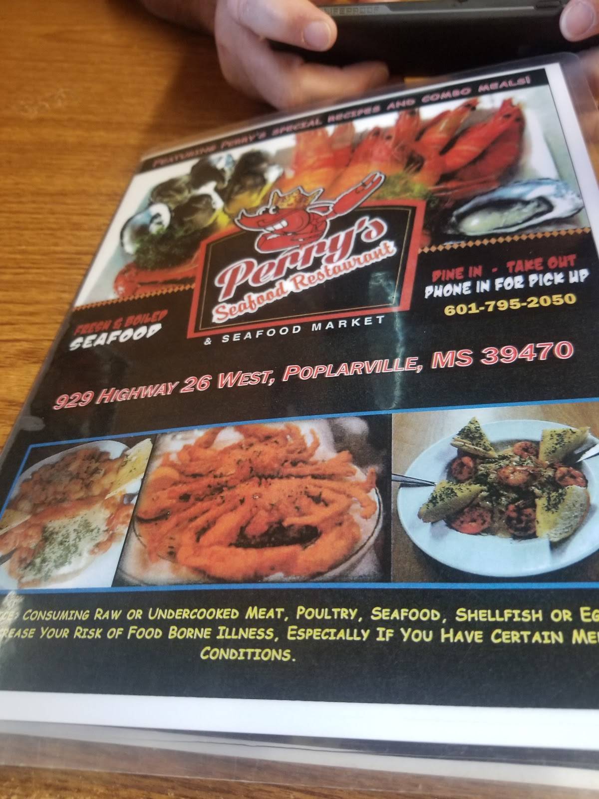 Menu at Perry's Seafood restaurant, Poplarville, 929 MS-26 West