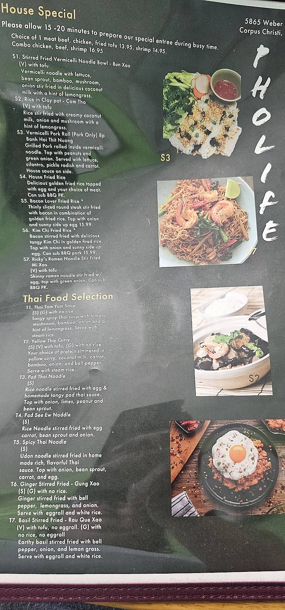 Menu at Pho Life restaurant, Corpus Christi