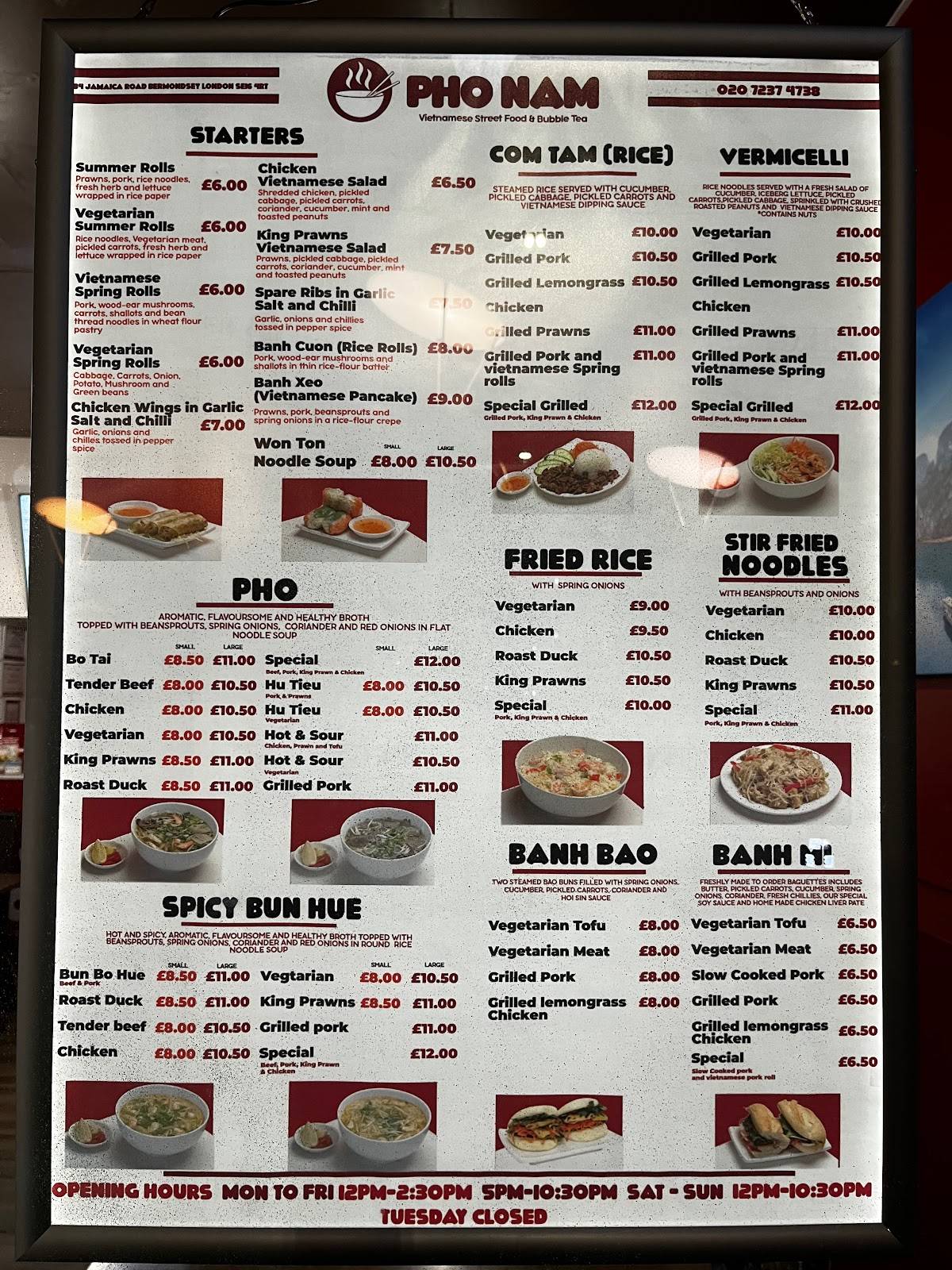 Menu at Pho Nam Vietnamese Street Food restaurant, London, 184 Jamaica Rd