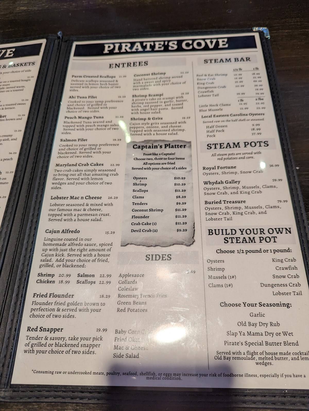 Menu at Pirates Cove Triple Play Seafood and Oyster Bar, New Bern