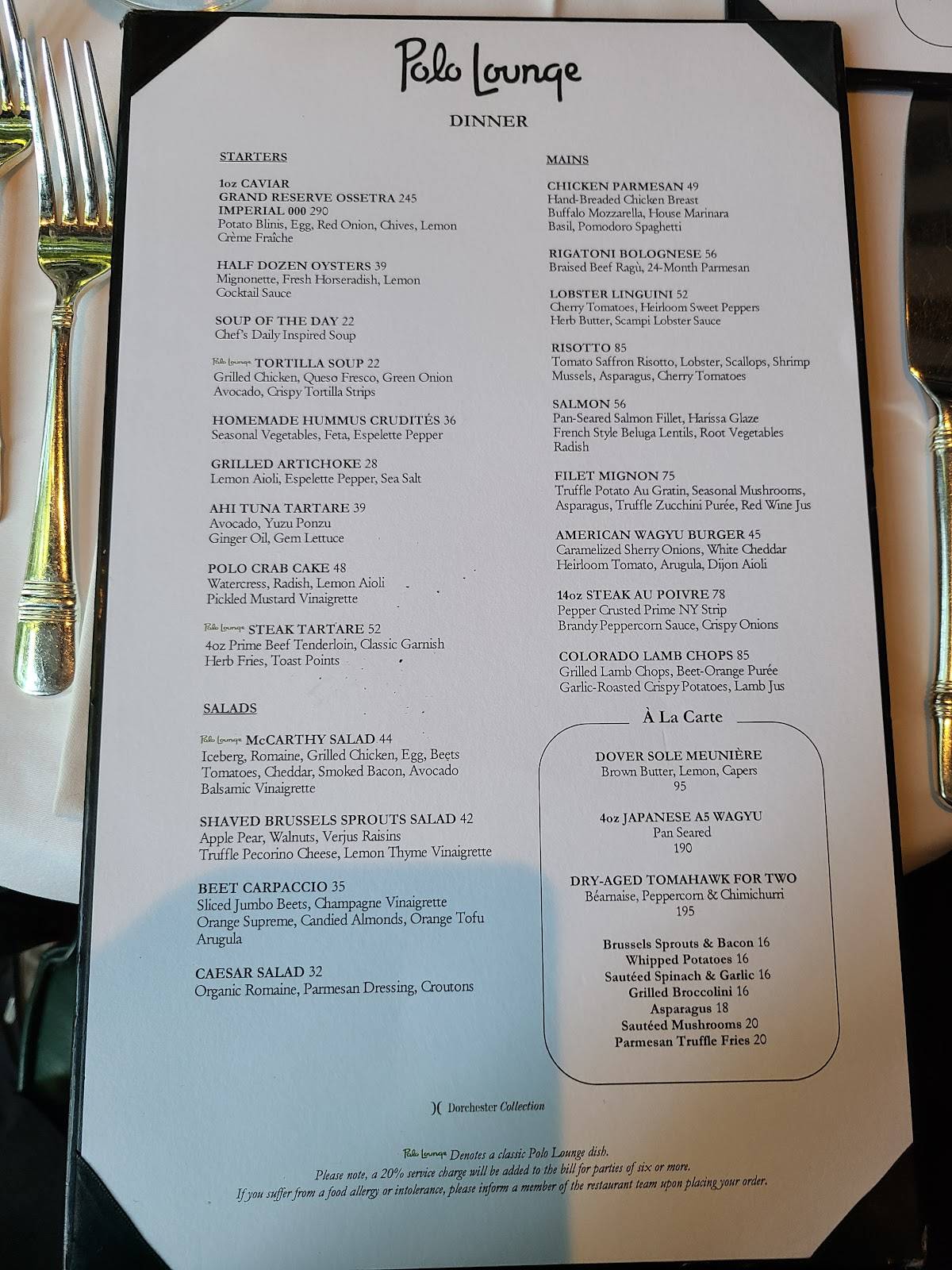 Menu at Polo Lounge restaurant, Beverly Hills