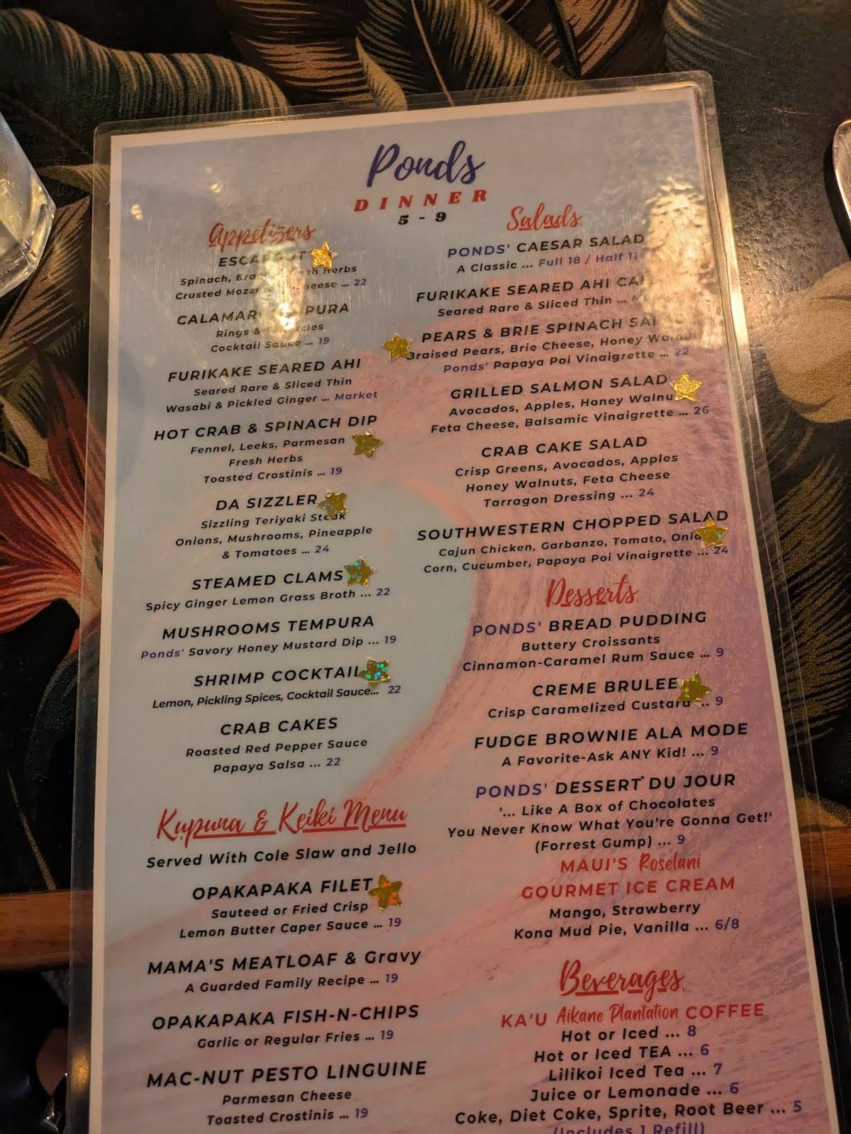 Menu at Ponds Hilo restaurant, Hilo