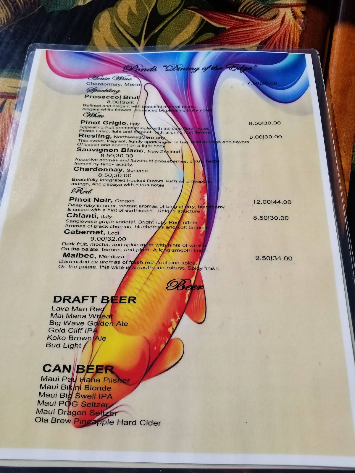 Menu at Ponds Hilo restaurant, Hilo