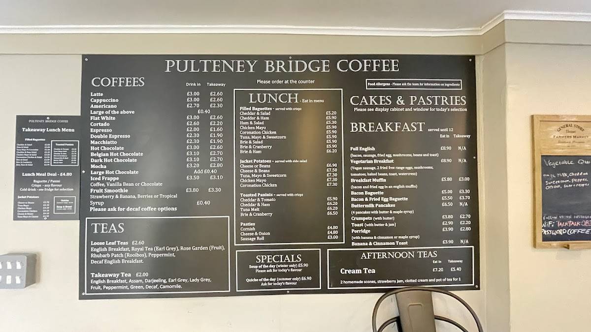 Menu at Pulteney Bridge Coffee Shop restaurant, Bath, 16 Pulteney Bridge