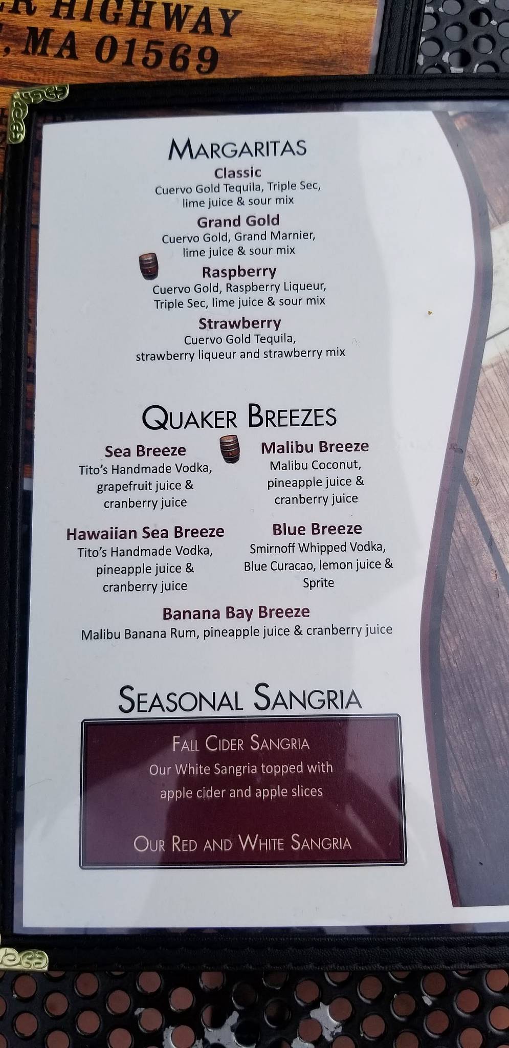Menu at Quaker Tavern restaurant, Uxbridge, 466 Quaker Hwy #1603