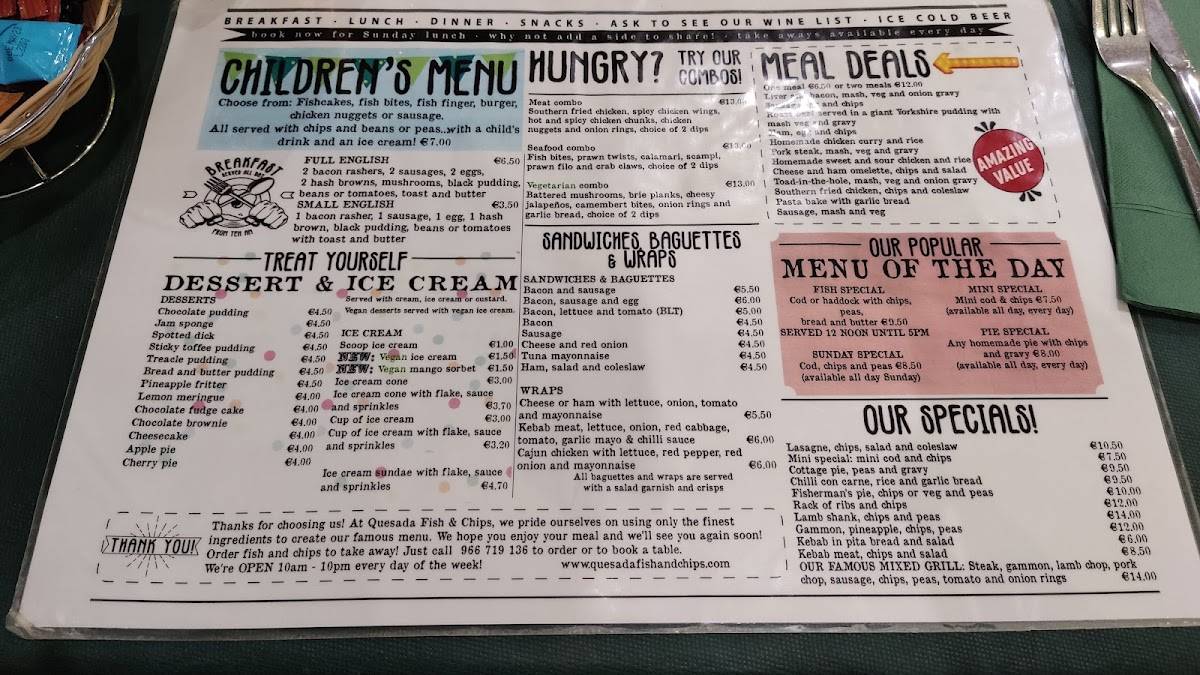 Menu at Quesada Fish and Chips restaurant, Quesada