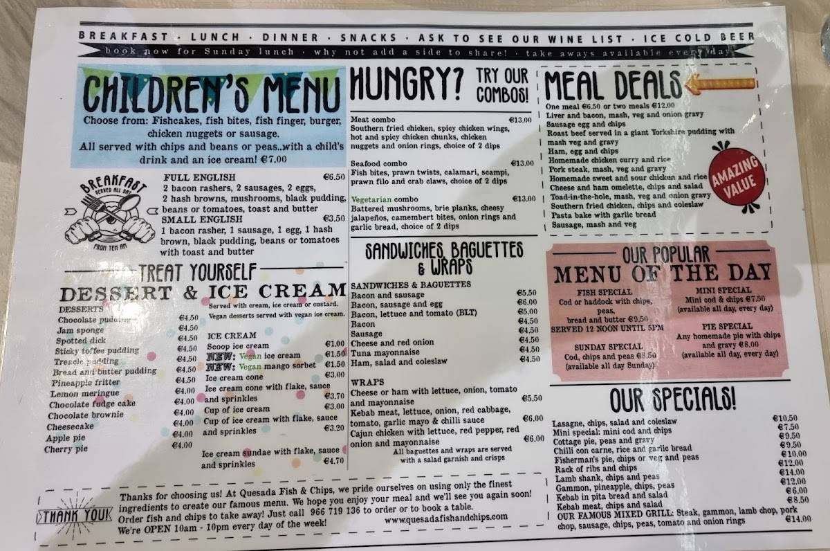 Menu at Quesada Fish and Chips restaurant, Quesada