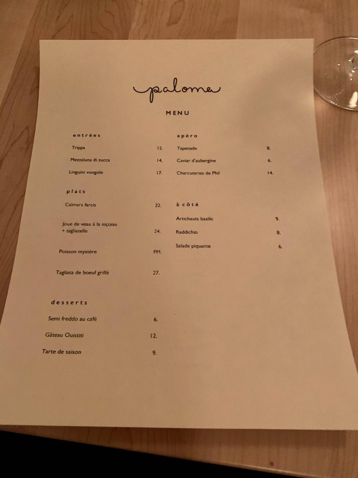 Menu au Restaurant Paloma, Montréal