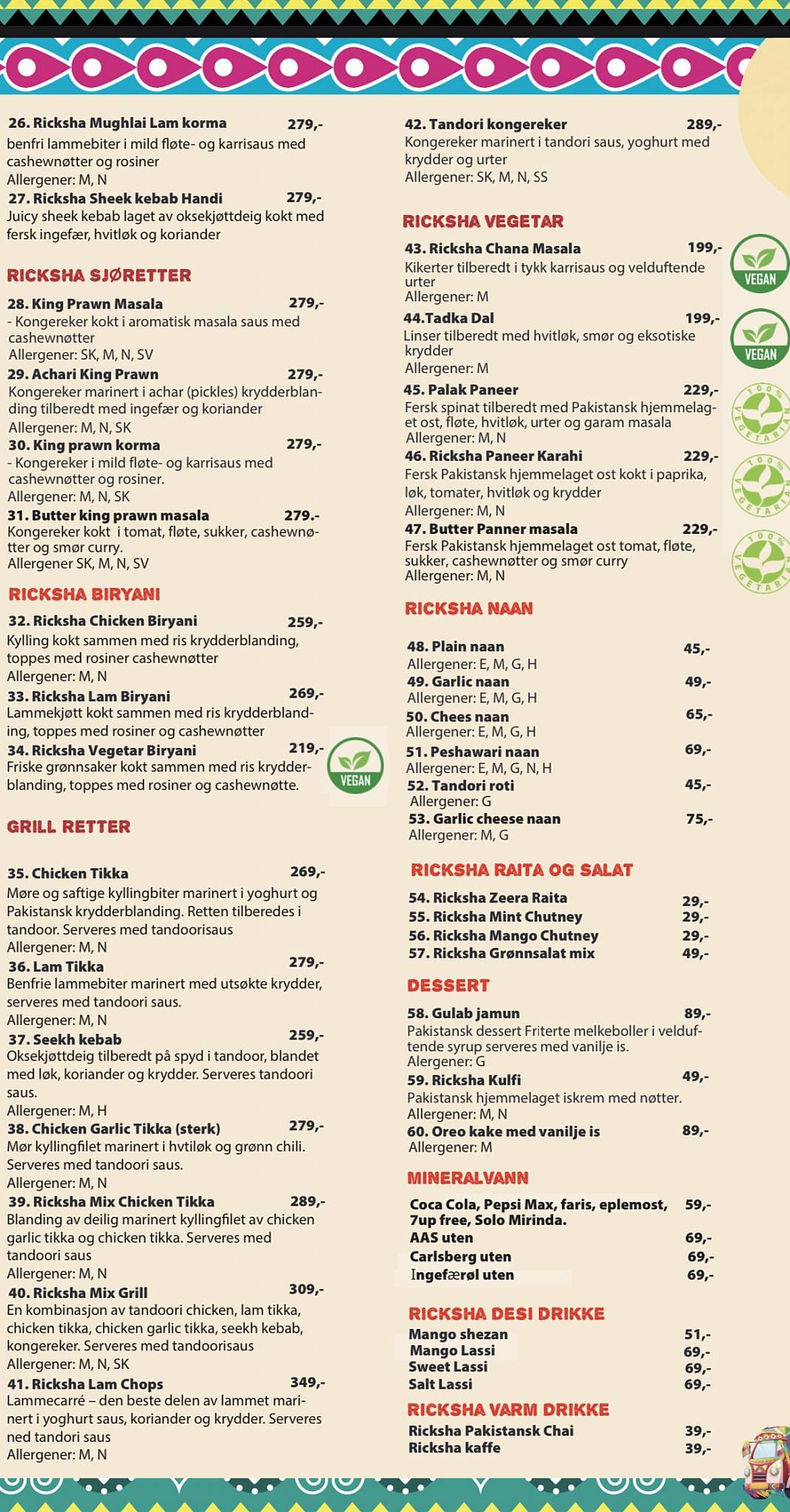 Menu at Ricksha Pakistani Street food restaurant, Oslo
