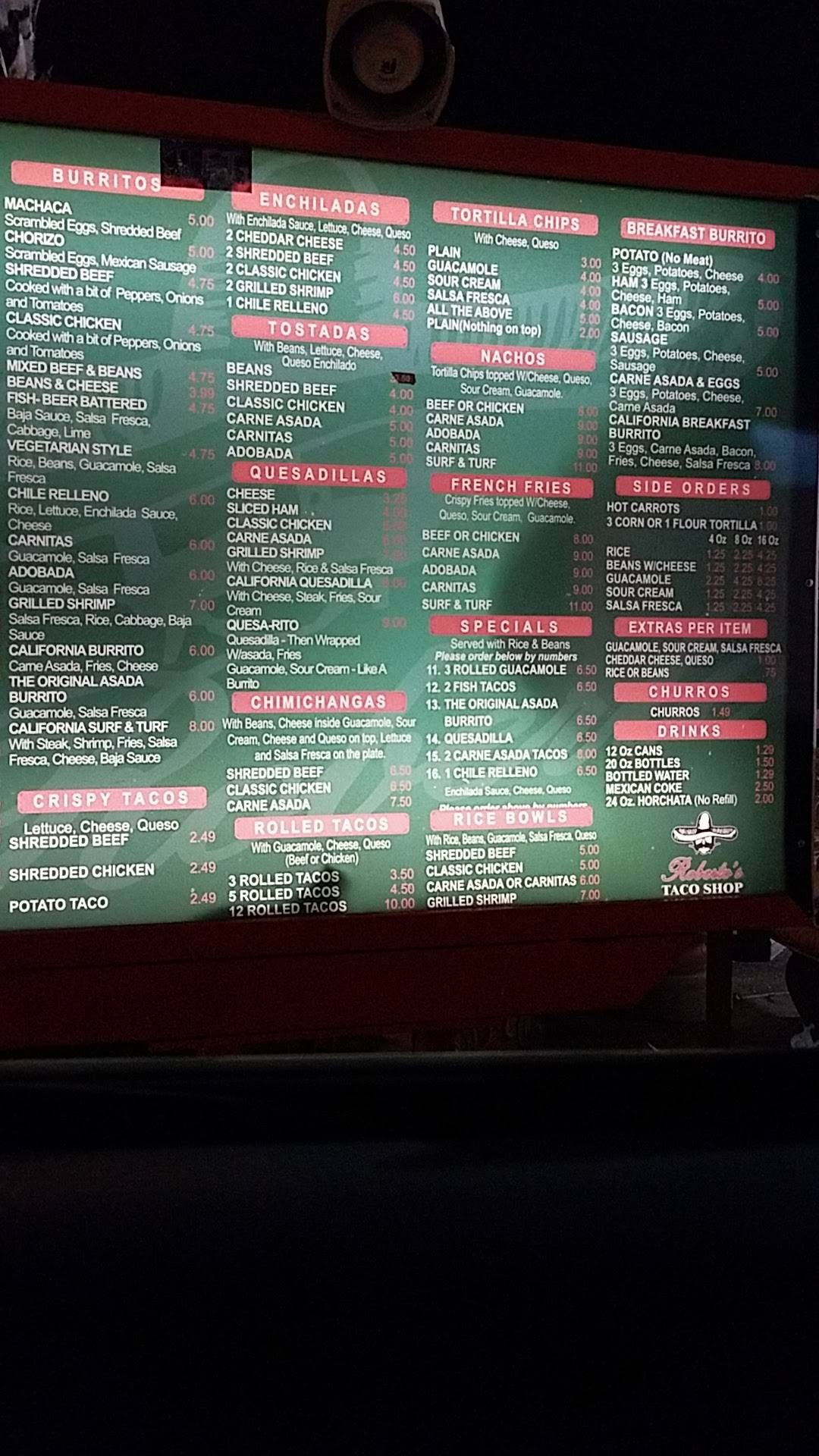 Menu at Roberto's Taco Shop Ocean Beach restaurant, San Diego, Voltaire St