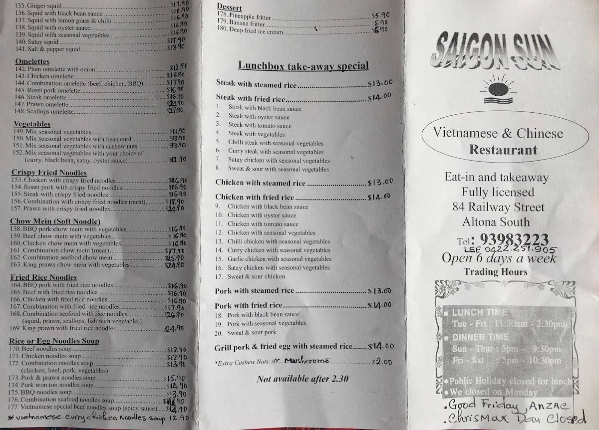 Menu at Saigon Sun restaurant, Altona