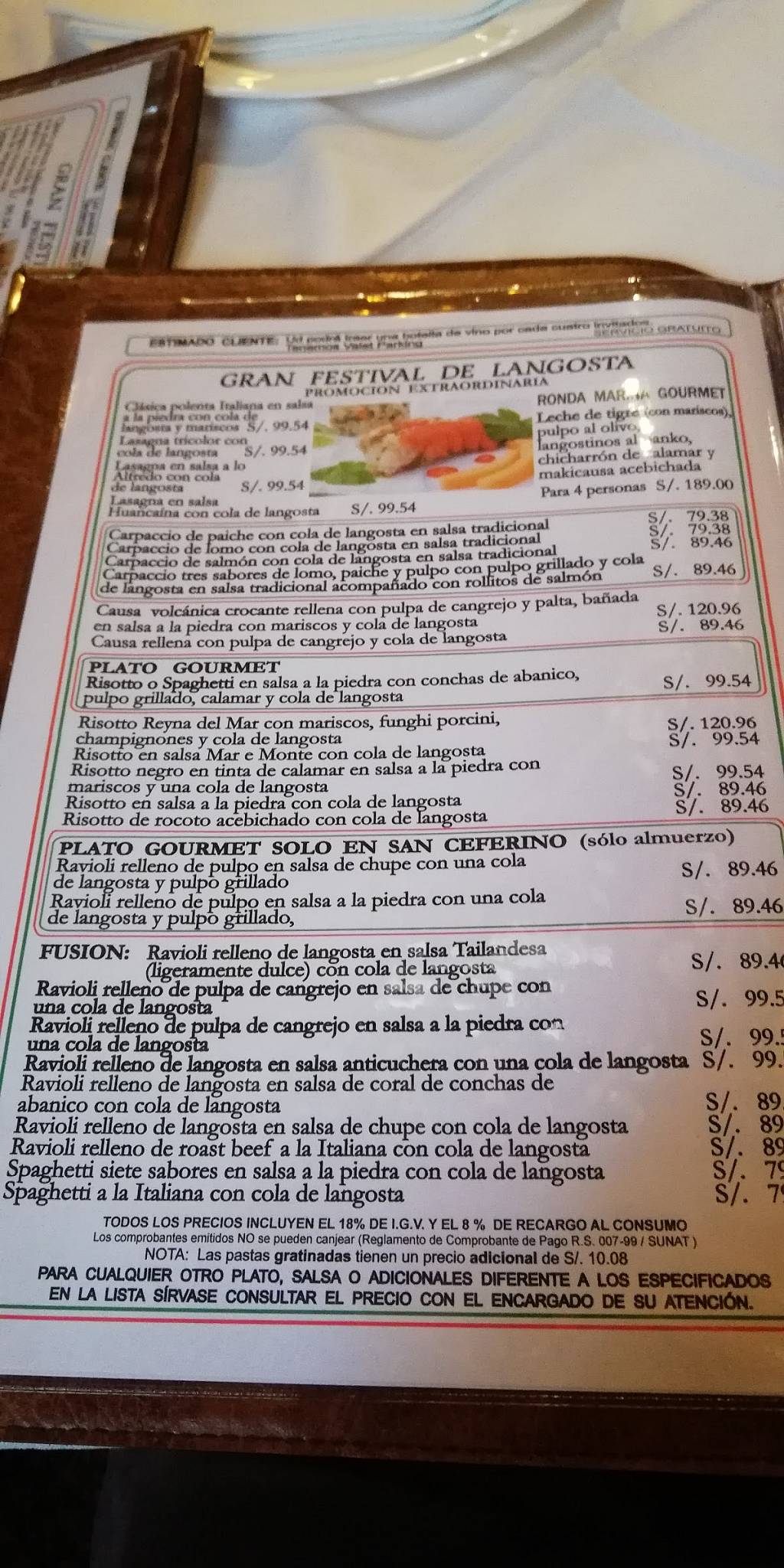 Carta del restaurante Sàlve Luigi, San Isidro