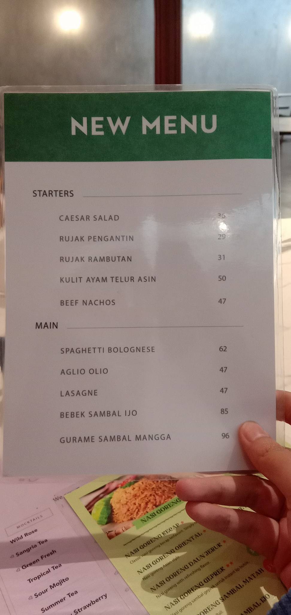 Menu at Satu Meja restaurant, West Jakarta