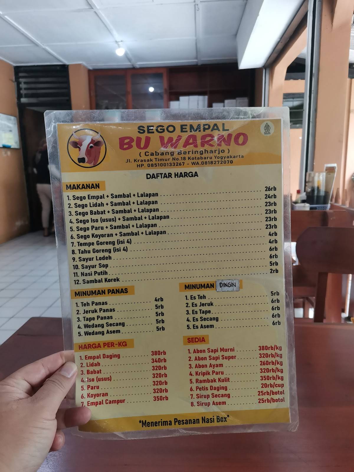 Menu at Sego empal bu warno 3 restaurant, Yogyakarta