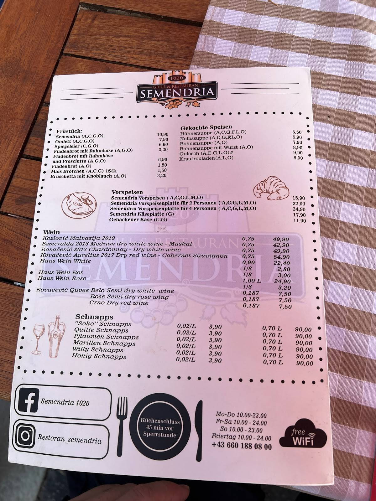 Speisekarte von Restaurant Semendria 1020, Wien