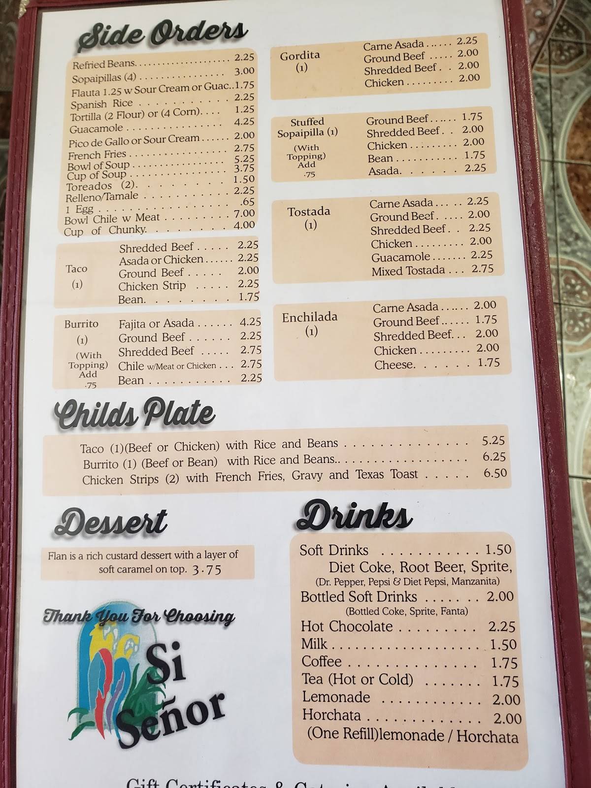 Menu at Si Señor restaurant, Deming