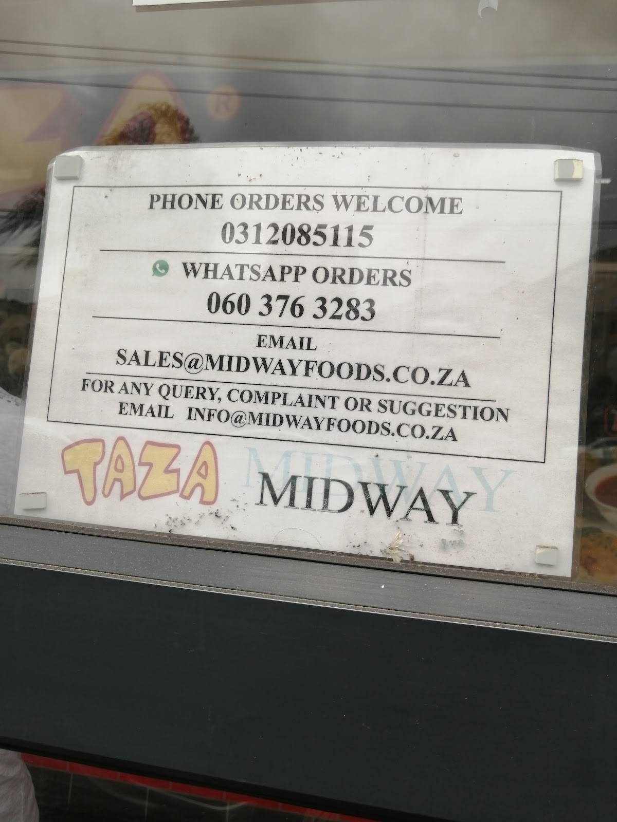 Menu at TAZA MIDWAY FOODS restaurant, Durban