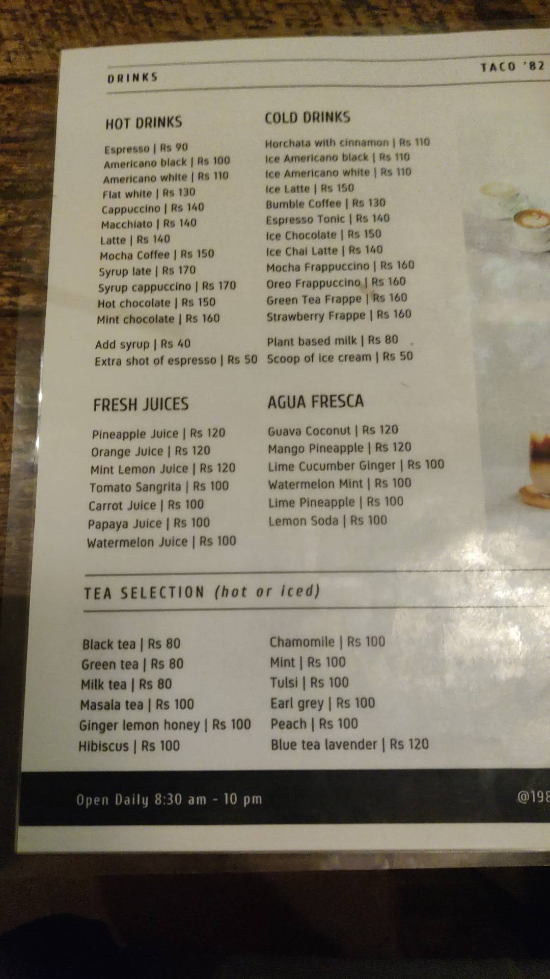 Menu at Taco '82, Varkala