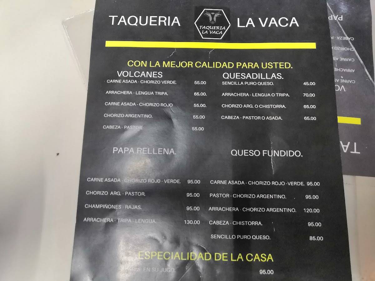 Menu at Taquería La Vaca restaurant, Guadalajara