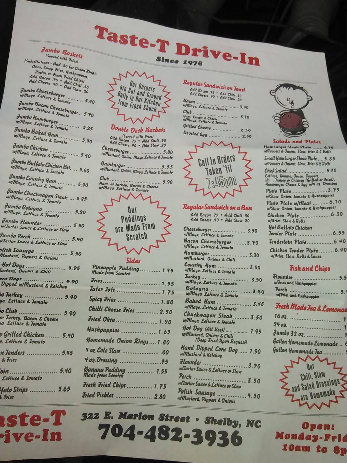 Menu at Taste-T-Drive-In restaurant, Shelby