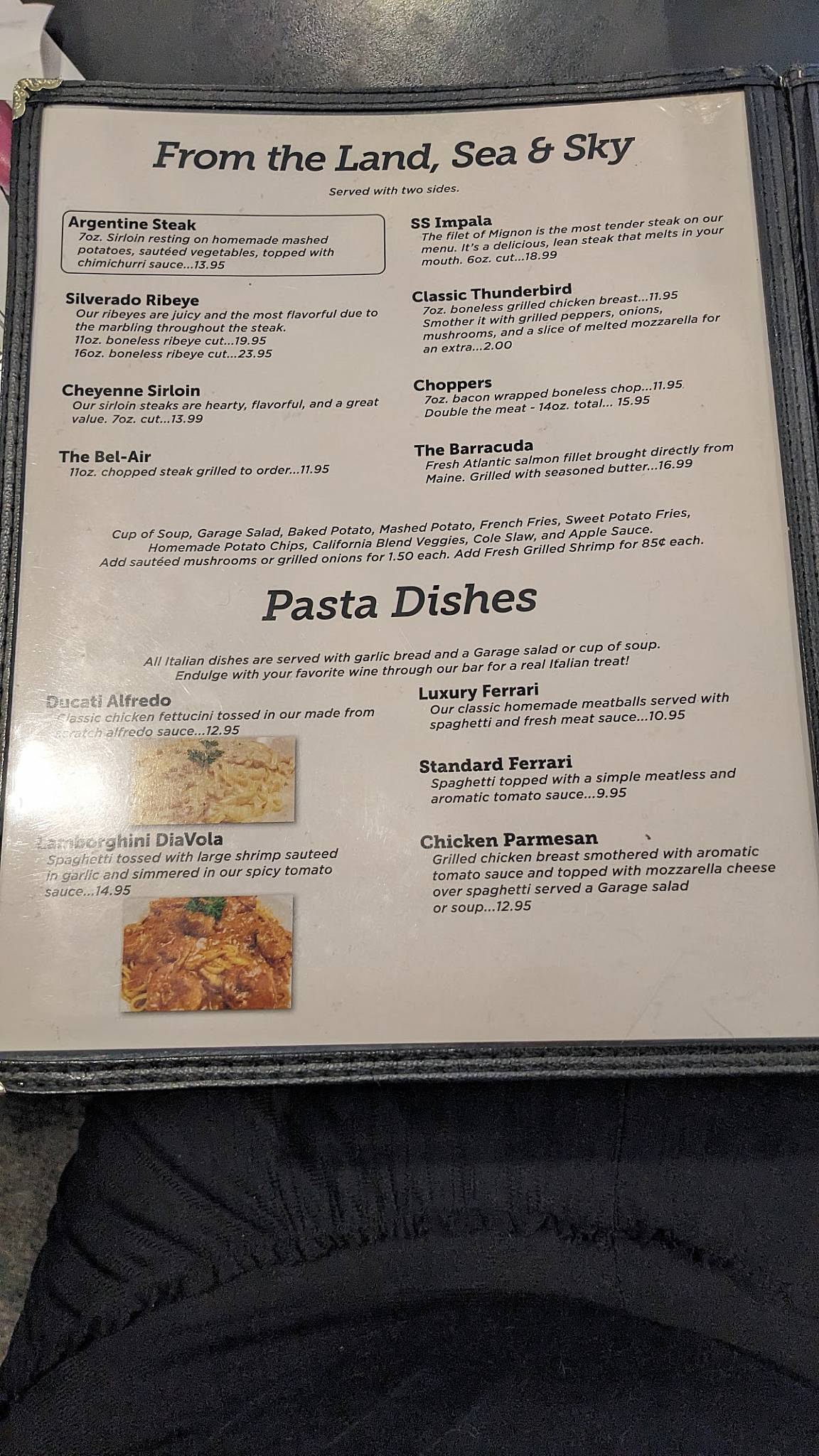 Menu at Ted's Garage restaurant, Clinton