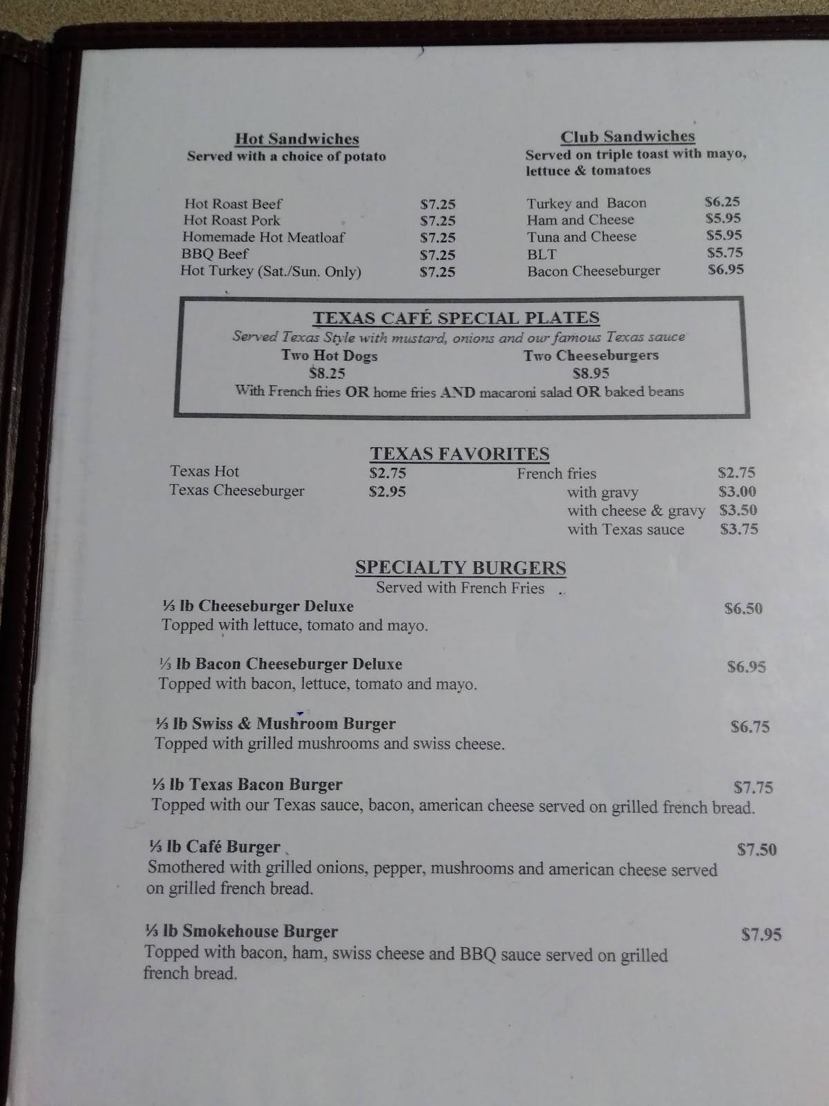 Menu at Texas Cafe, Hornell