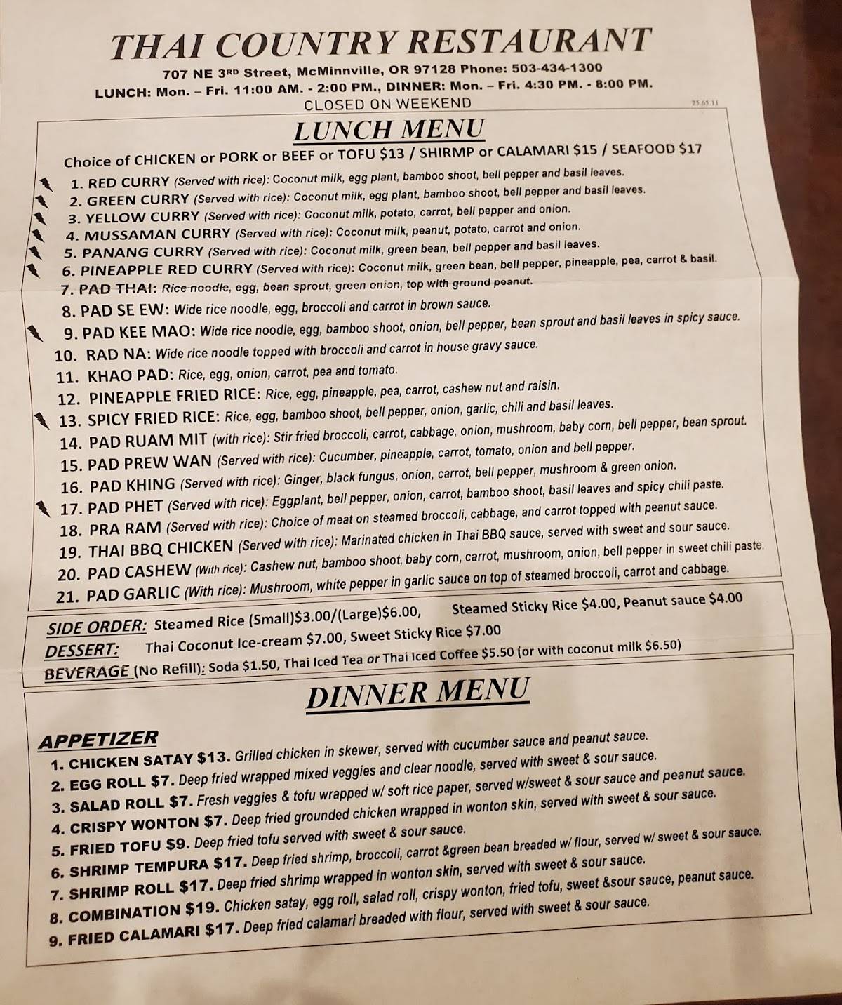 Menu at Thai Country Restaurant, McMinnville