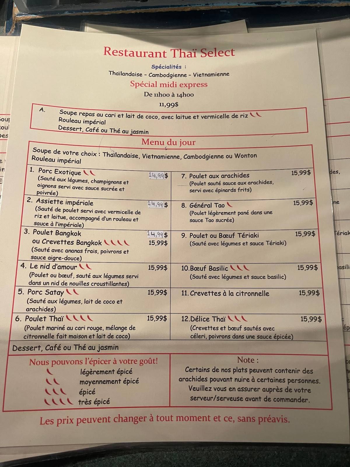 Menu au Restaurant Thaï Sélect, Québec, Bd des Gradins