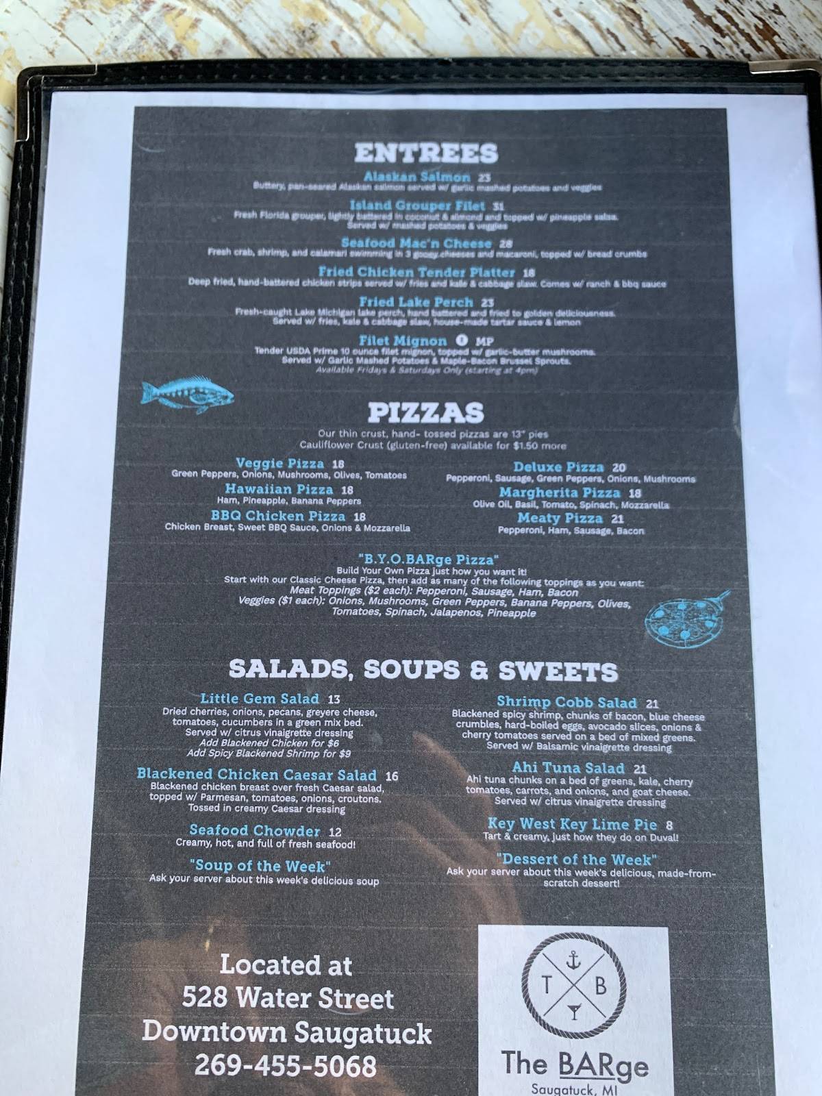 Menu at The BARge, Saugatuck