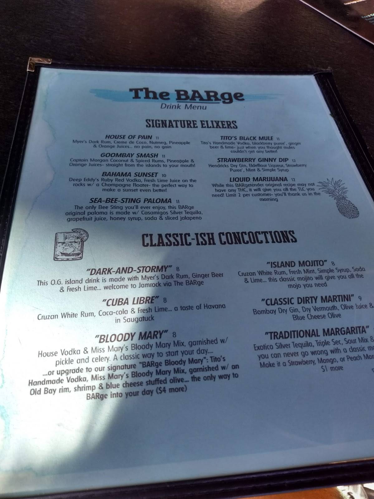 Menu at The BARge, Saugatuck