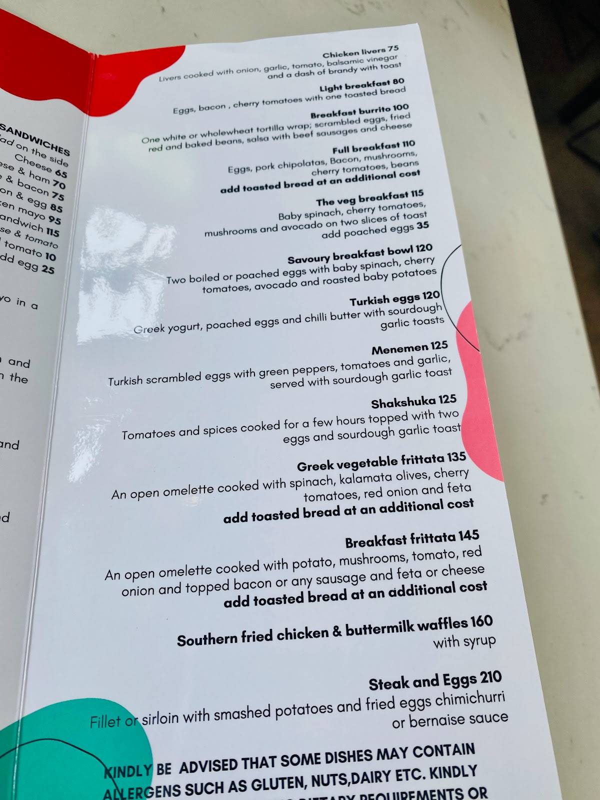 Menu at The Breakfast Room restaurant, Durban