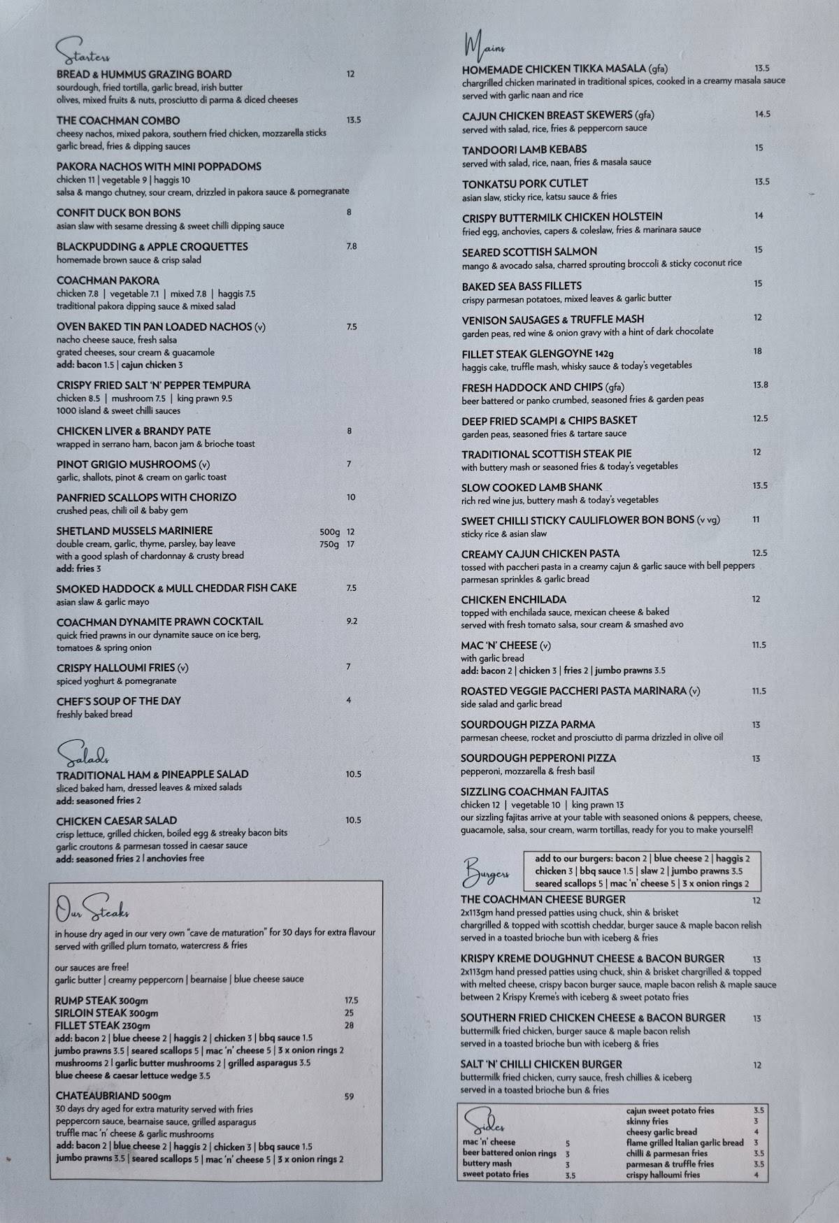 Menu at The Coachman restaurant, Glasgow