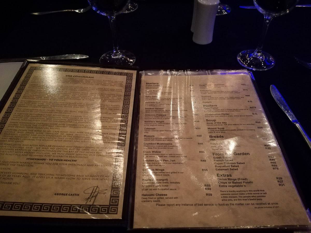 Menu at The Coachman Restaurant, Port Elizabeth, Brookes on the bay
