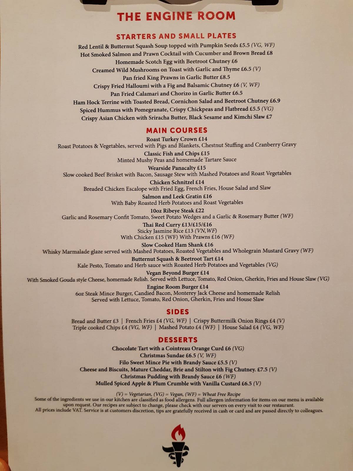 Menu at The Engine Room restaurant, Sunderland