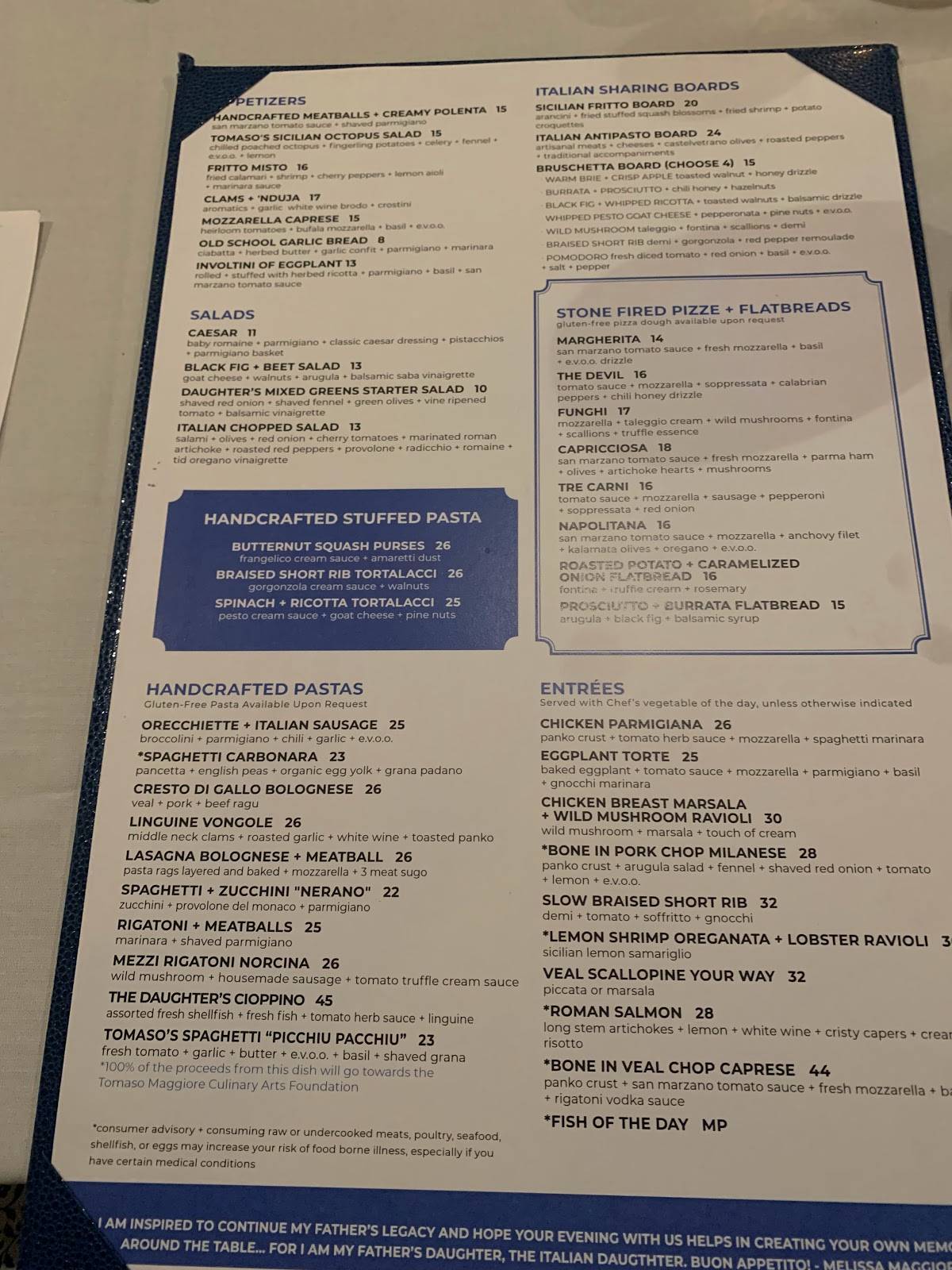 Menu at The Italian Daughter restaurant, Scottsdale
