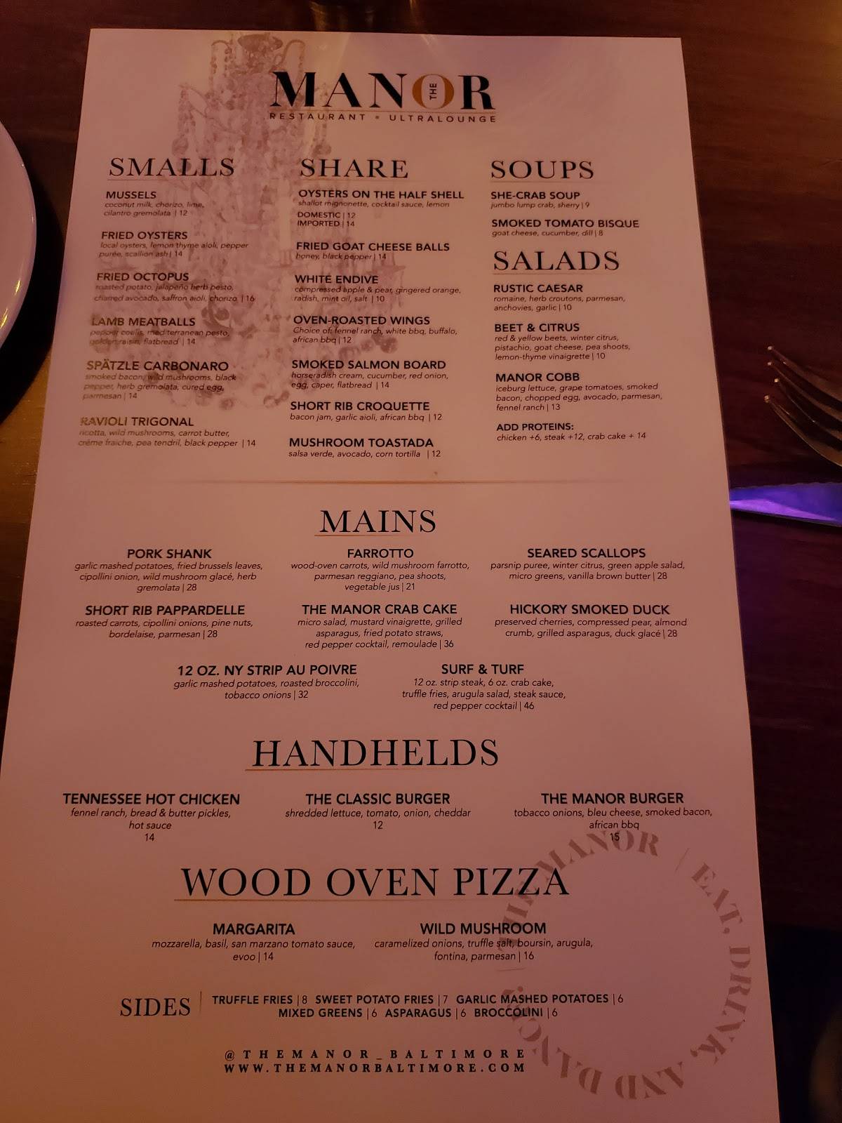 Menu at The Manor restaurant, Baltimore