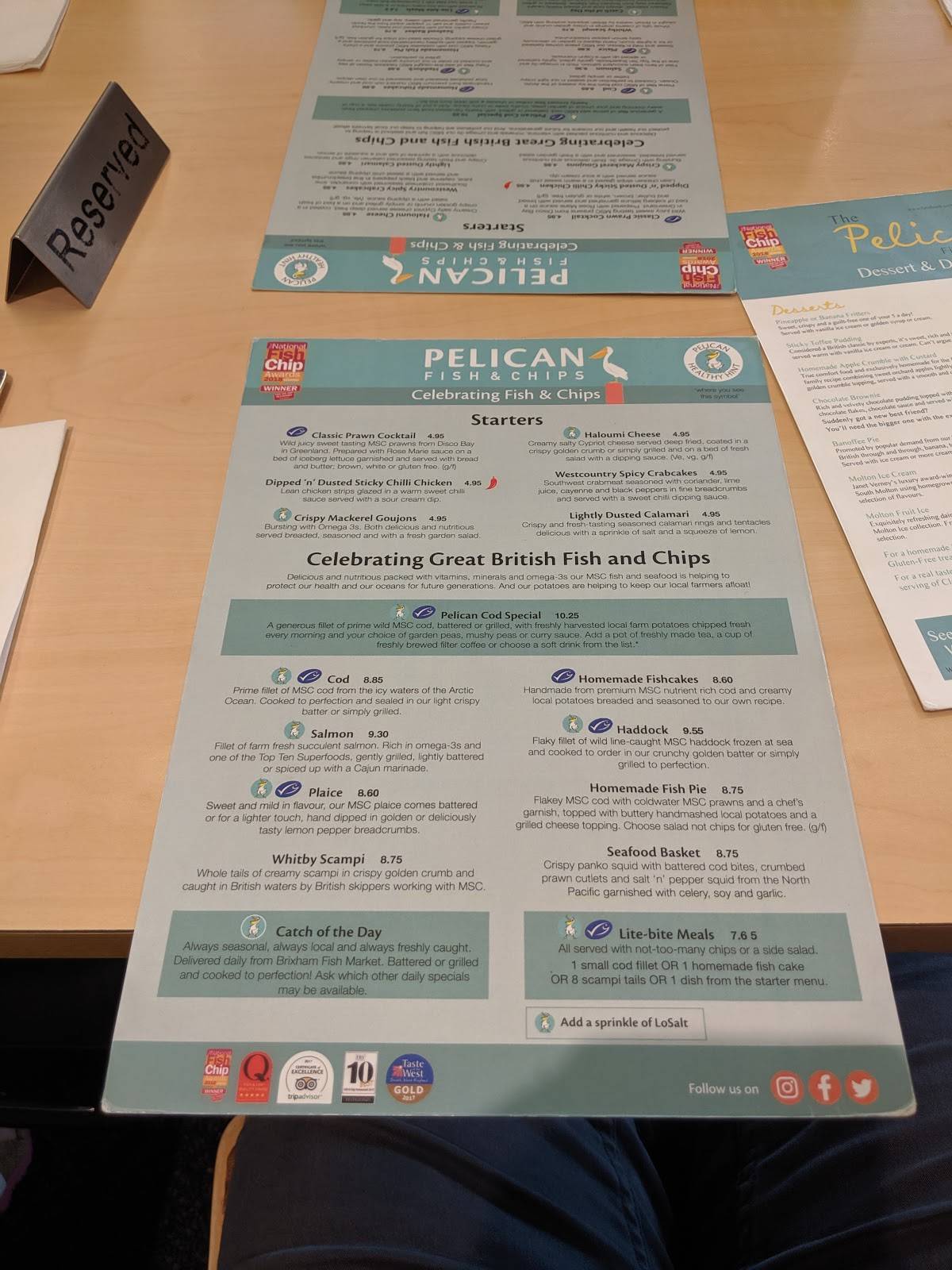 Menu at The Pelican restaurant, Barnstaple