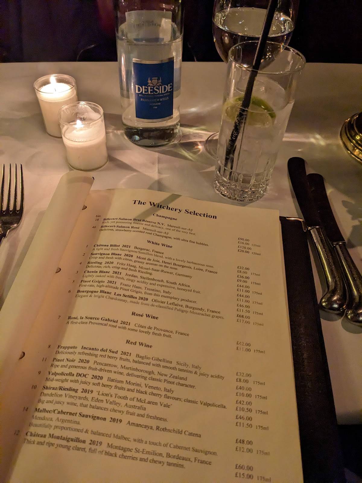 Menu at The Witchery by the Castle restaurant, Edinburgh