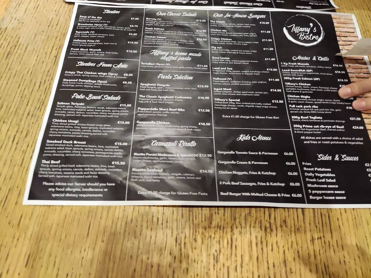 Menu at Tiffany's Bistro restaurant, Sliema