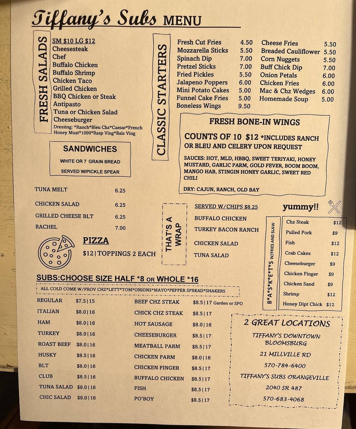Menu at Tiffany’s Downtown restaurant, Bloomsburg