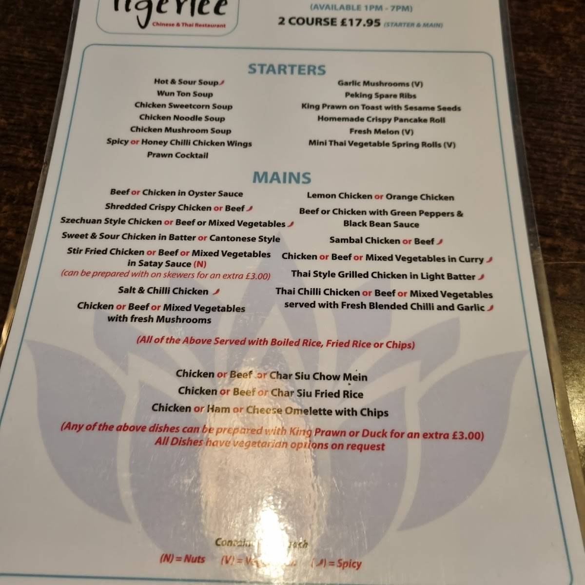 Menu at Tiger Lee restaurant, Glasgow