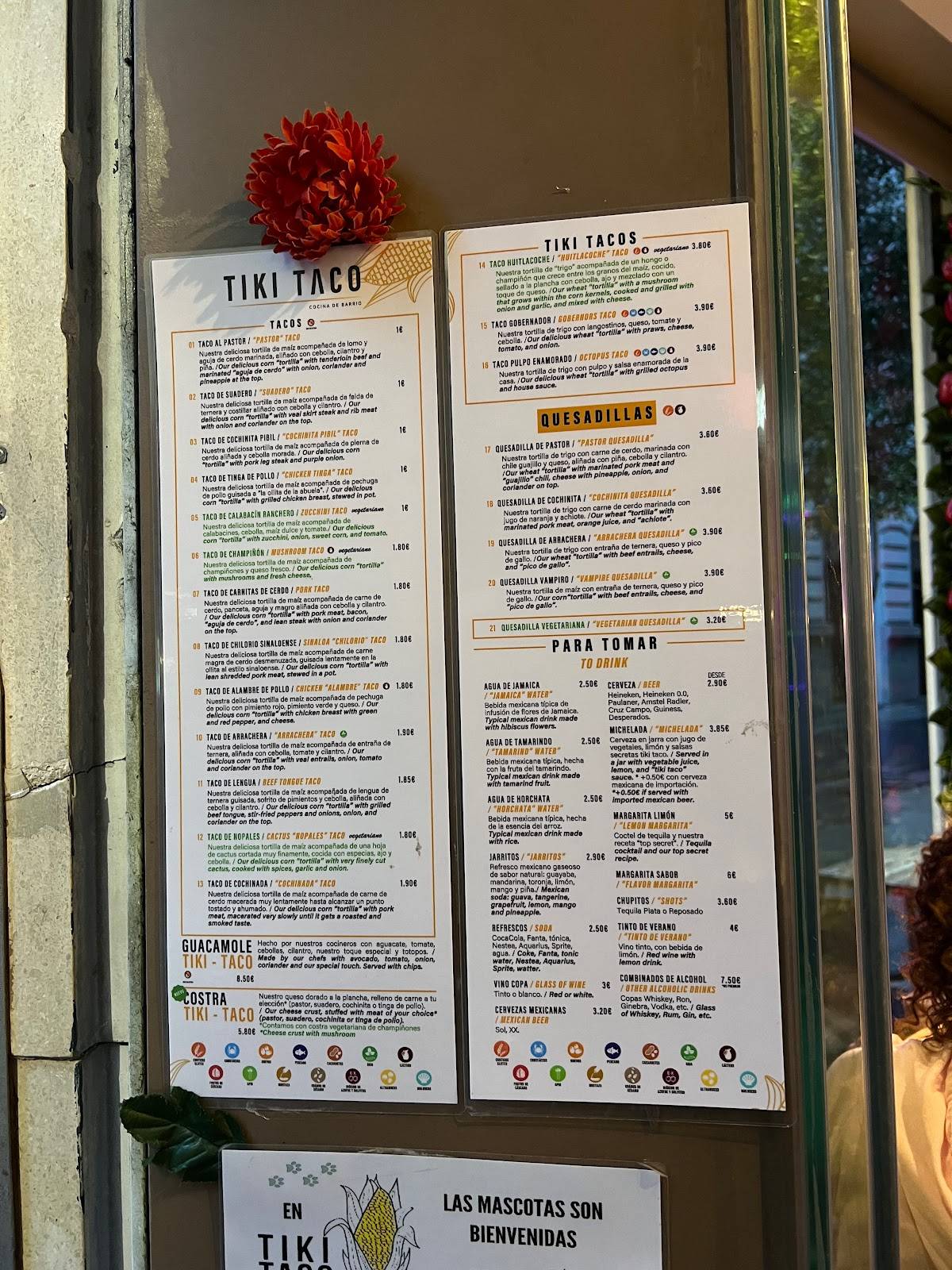 Menu at Tiki Taco San Bernardo restaurant, Madrid