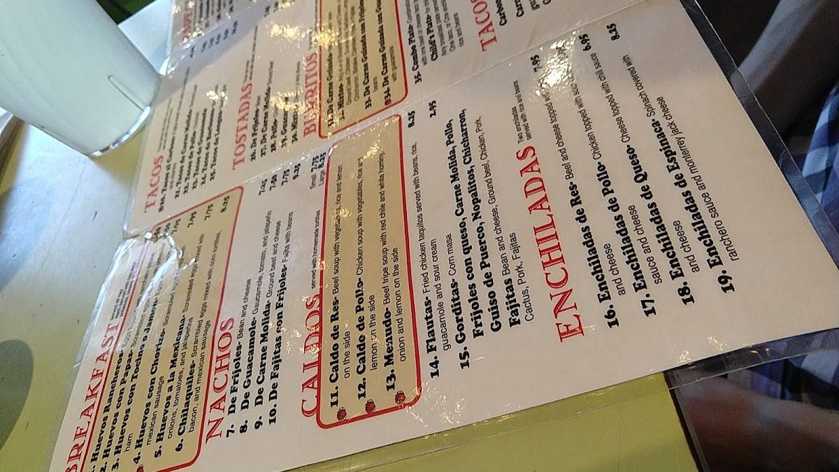 Menu at Tipico's restaurant, Dallas