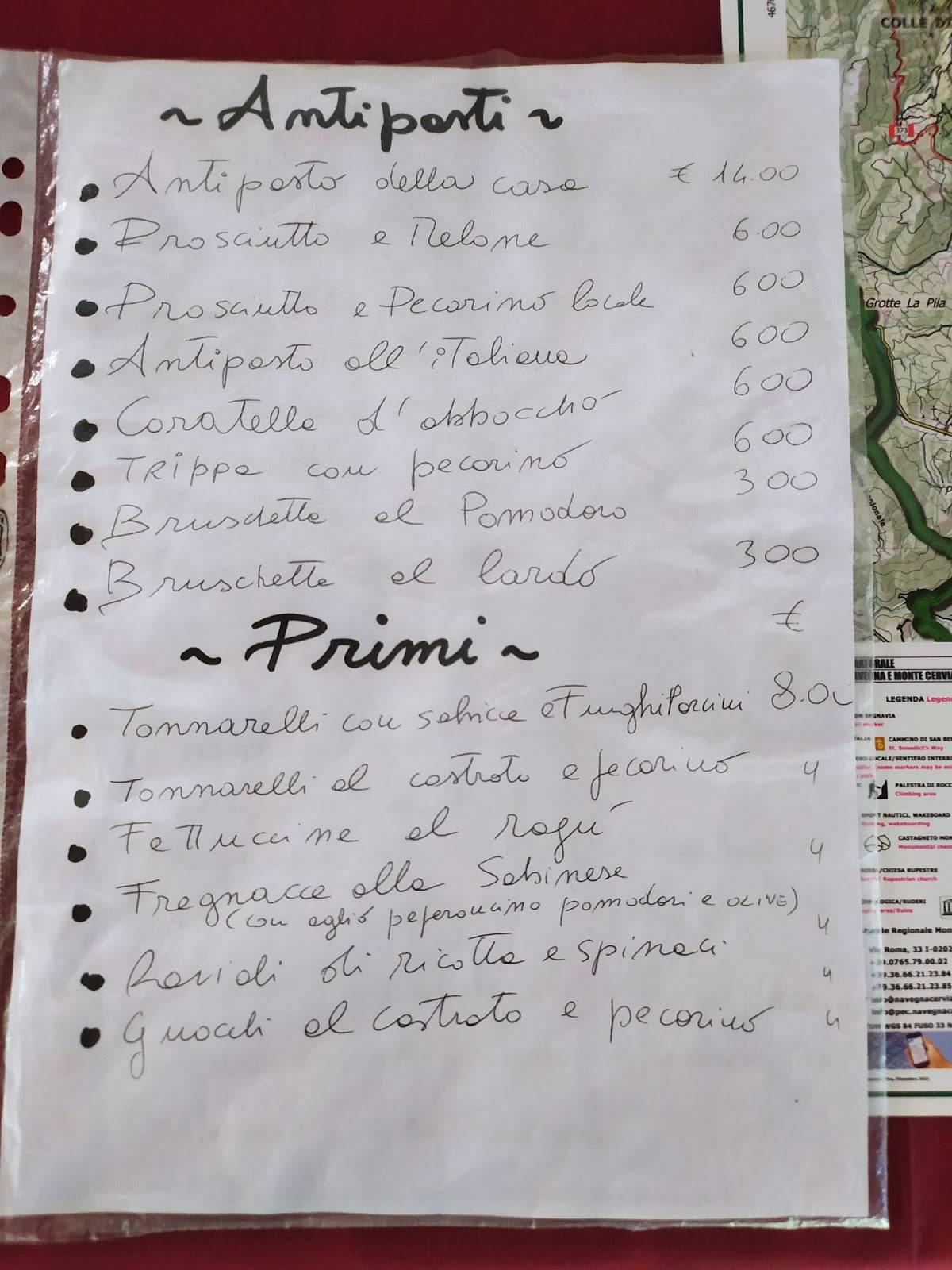 Menu da Trattoria Il Vigneto ristorante, Colle di Tora, Via Turanense